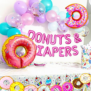 JeVenis Pink Donuts Baby Shower Decorations Donuts and Diaper Sign Backdrop Sweet Donuts Baby Shower Decors Doughnut Theme Baby Shower Backdrop Banner