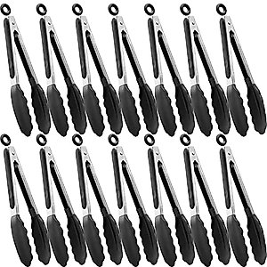 KIKitchen 14Pcs Black Kitchen Tongs, Tongs for Cooking with Silicone Tips 7Inch Serving Tongs Stainless Steel Locking Kitchen Tongs BBQ Grilling Tong for Salad, Grilling, Frying and Cooking