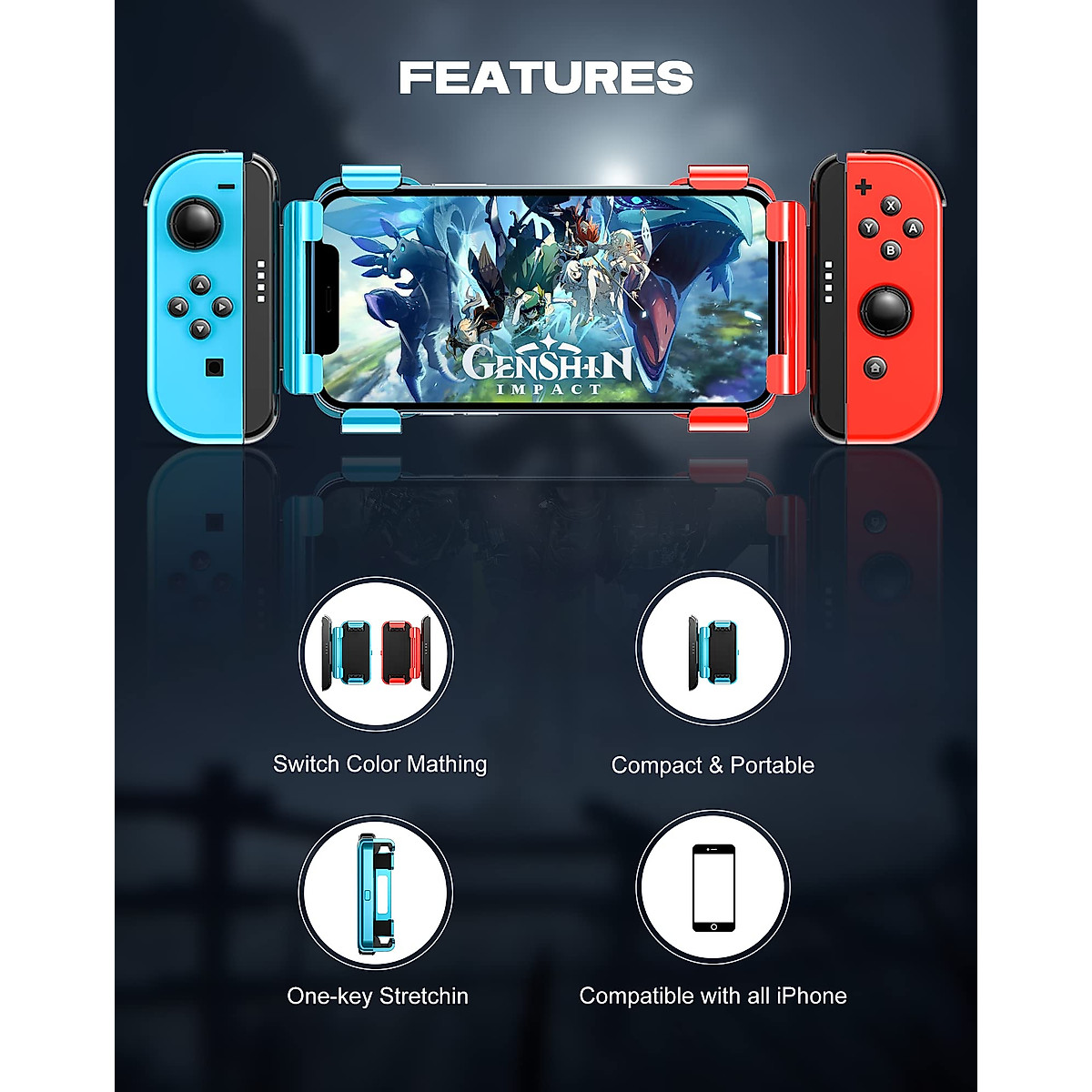 Joso Switch Joy-Con Grip Holder with Cell Phone Mount, Compatible with All iOS 16.0+ iPhones, Easy to Install & Stable, Enjoy Mobile Games, COD, Genshin Impact, Switch Accessories, Not for Android