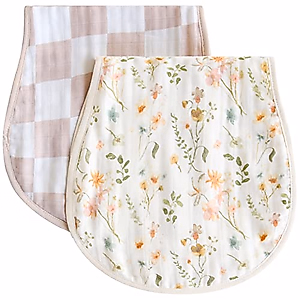 LifeTree Muslin Baby Burp Cloths, Soft Bamboo Cotton, Large Baby Washcloths, Face Towel, Burping Rags, Bibs for Newborn Boys Girls, Set of 2 (Floral & Dusty Pink Checkerboard)