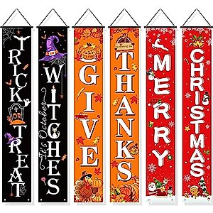 Preboun 3 Pairs Halloween Thanksgiving Christmas Porch Signs Banners Hanging Front Porch Door Decorations for Outside Yard Garland Party Supplies