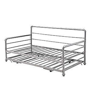 Aoowow Twin Size Metal Daybed with Trundle, Heavy Duty Steel Daybed with Pop Up Trundle Bed,Extendable Daybed Twin to King Size (Silver)