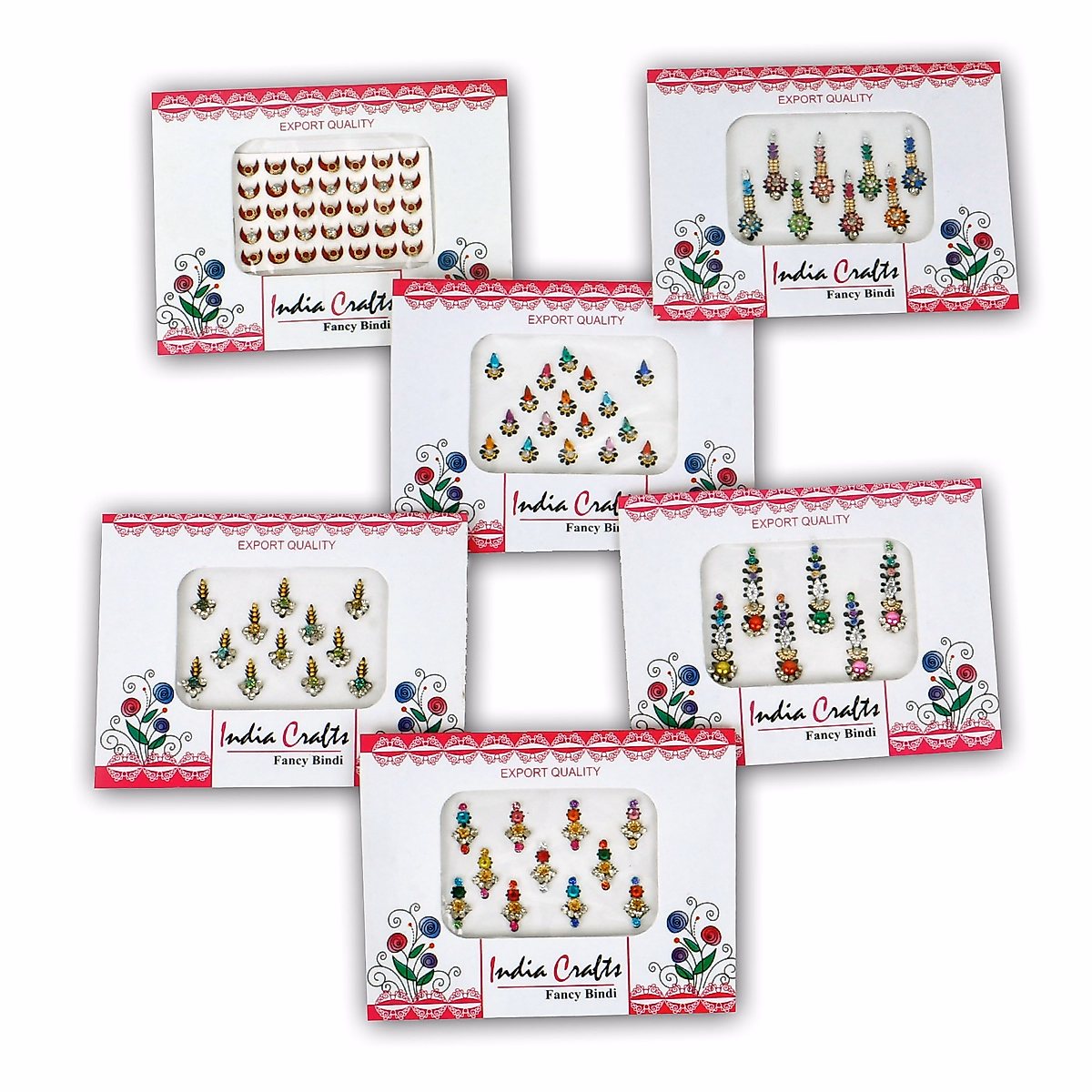 India Crafts ™ 12 Packs- 100 Multicolored long Bindis Forehead Tika Face Jewels