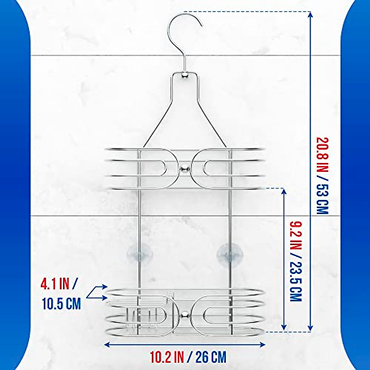 SKATCO Hanging Shower Caddy - 2-Tier Rust-Resistant Stainless Steel Shelves Chrome Rack Over Shower Head Organizer Bathroom Basket Storage Holds Shampoo, Conditioner, Soap, Bath Sponge, Razors