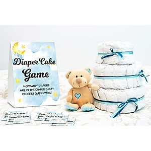 Baby Shower Game Set, Diaper Cake Games(1 Standing Sign + 50 Guessing Cards), Moon and Stars Guess How Many Diapers Party Game, Sleepover Theme Gender Reveal Party Favor Decor(A06)