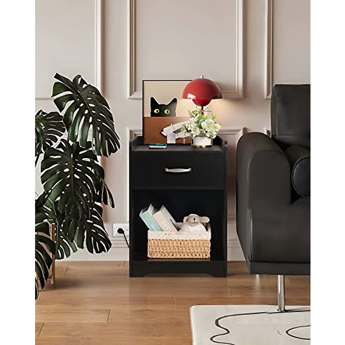 WEENFON Nightstands, Black Nightstand with Charging Station,Bedside Tables, End Table with Drawer, Open Space,Metal Handles, Large Storage,WFET16HN