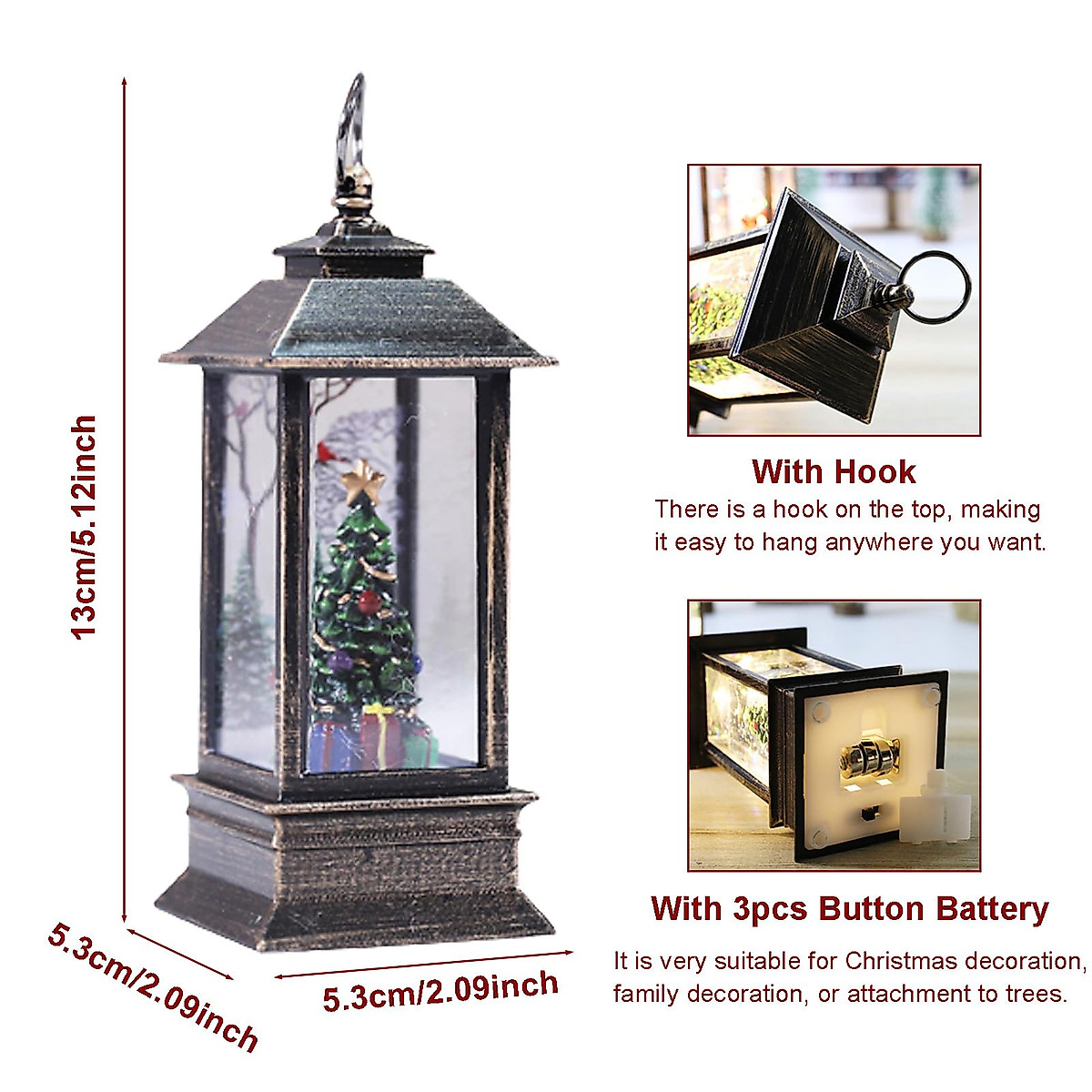 Lighted Snow Globe Lantern, Christmas Tree Light- Up Lantern Xmas Hanging Lamp for Xmas Party Supplies, Xmas LED Oil Lamp Simulation Flame Light, Christmas Snow Globe Lantern Gifts (Tree)