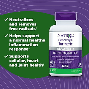 Natrol Extra Strength Turmeric, Dietary Supplement for Joint Health, Turmeric Supplement for Adults, 60 Capsules, Up to a 60 Day Supply