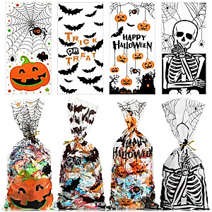 Zonon 160 Pieces Halloween Cellophane Treat Bags Halloween Candy Wrappers Pumpkin Skull Bat Presents Bags Transparent Candy Bag with 200 Pieces Ties for Halloween Party Favors
