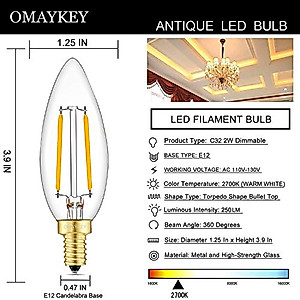 OMAYKEY 2W LED Candelabra Bulb 25W Equivalent 2700K Warm White 250 Lumens, E12 Base Antique Edison Clear Glass C32 Candle Bulbs, Dimmable LED Chandelier Light Bulbs, 8 Pack