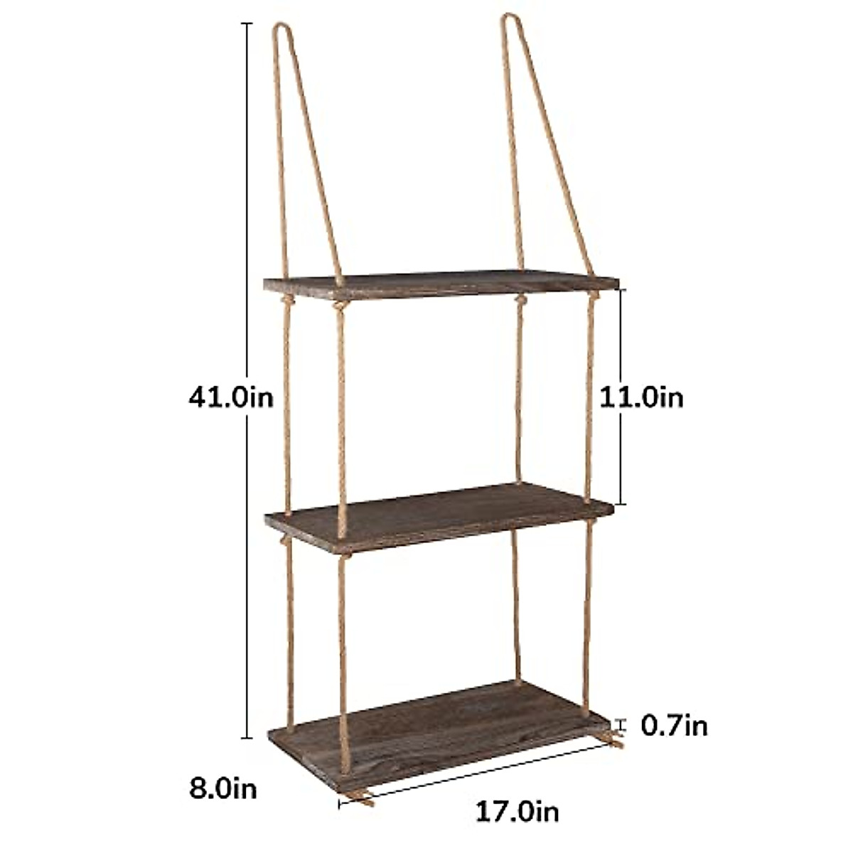 TIMEYARD Decorative Wall Hanging Shelf, 3 Tier Distressed Wood Jute Rope Floating Shelves, Rustic Home Wall Décor