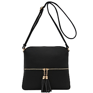 DELUXITY Lightweight Medium Crossbody Bag with Tassel (Black)