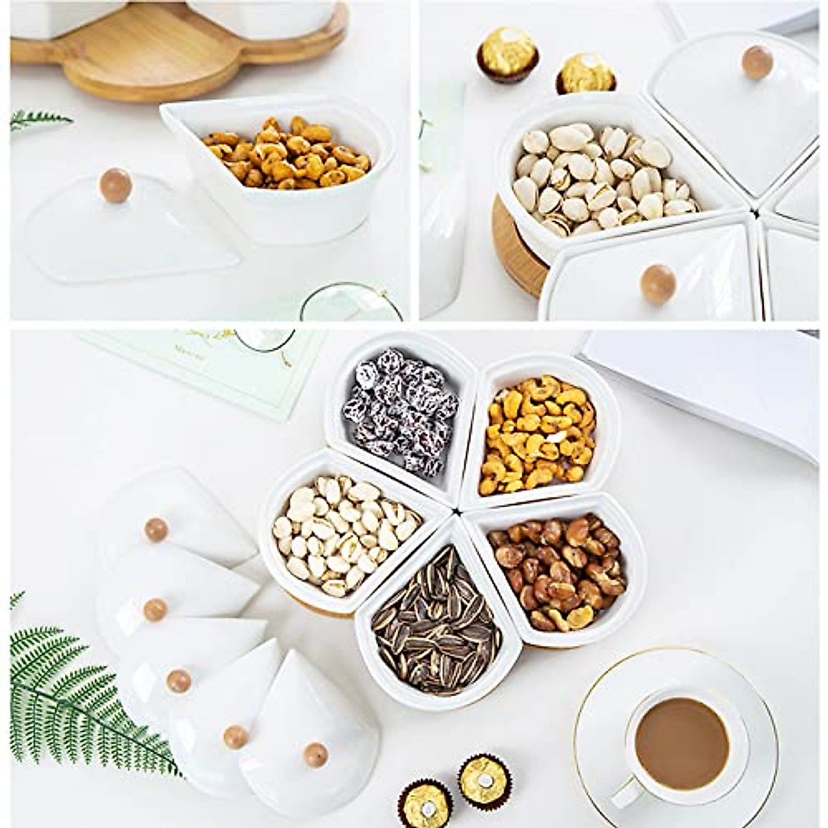 WMM 11 Inch Ceramic Divided Serving Dishes with Bamboo Tray and Lids, 5 Removable Snack Bowls Relish Tray for Candy, Nut, Fruits, Chips and Dip