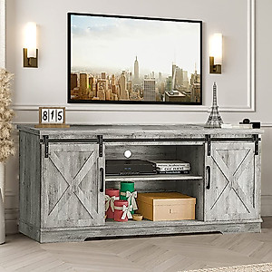 GAOMON Farmhouse TV Stand - Modern Entertainment Center for 65 Inch TVs, Barn Door Console Table with Storage & Shelves - Grey Living Room Furniture