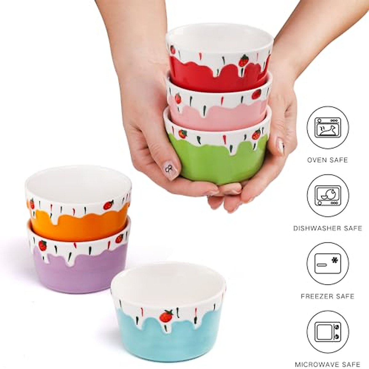 ZOOFOX Set of 6 Porcelain Ice Cream Cups, 6 oz Ice Cream Sundae Bowls for Hot or Cold Food, Mini Dessert Bowls for Sundae, Frozen Yogurt, Cupcake, Pudding, Creme Brulee, Lava Cake