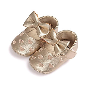 RVROVIC Baby Girls Shoes Soft Sole Mary Jane Flats Princess Dresses Shoes PU Cute Bow Crib Shoes Prewalker (6-12 Months Infant, Heart-Gold)