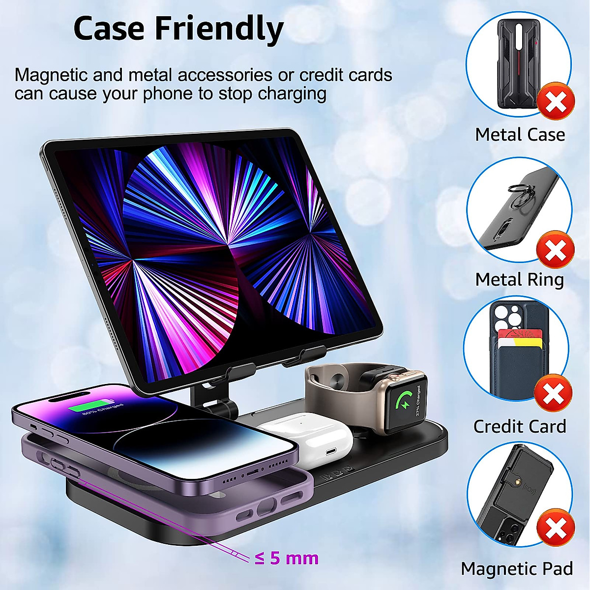 Wireless Charging Station, Wired Charger for iPad, 4 in 1 Charging Stand Multiple Devices for Apple - iPhone 15 14 Pro Max 13 12 11 - Watch 8 7 6 5 4 3 2 Se - Airpods 3 2 Pro