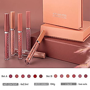 6pcs Matte Liquid Lipstick Set, Nude Lipsticks Makeup Kit for Women, Velvet Lip Gloss Waterproof Non-Stick Cup Labiales Mate 24 Horas (Set A)