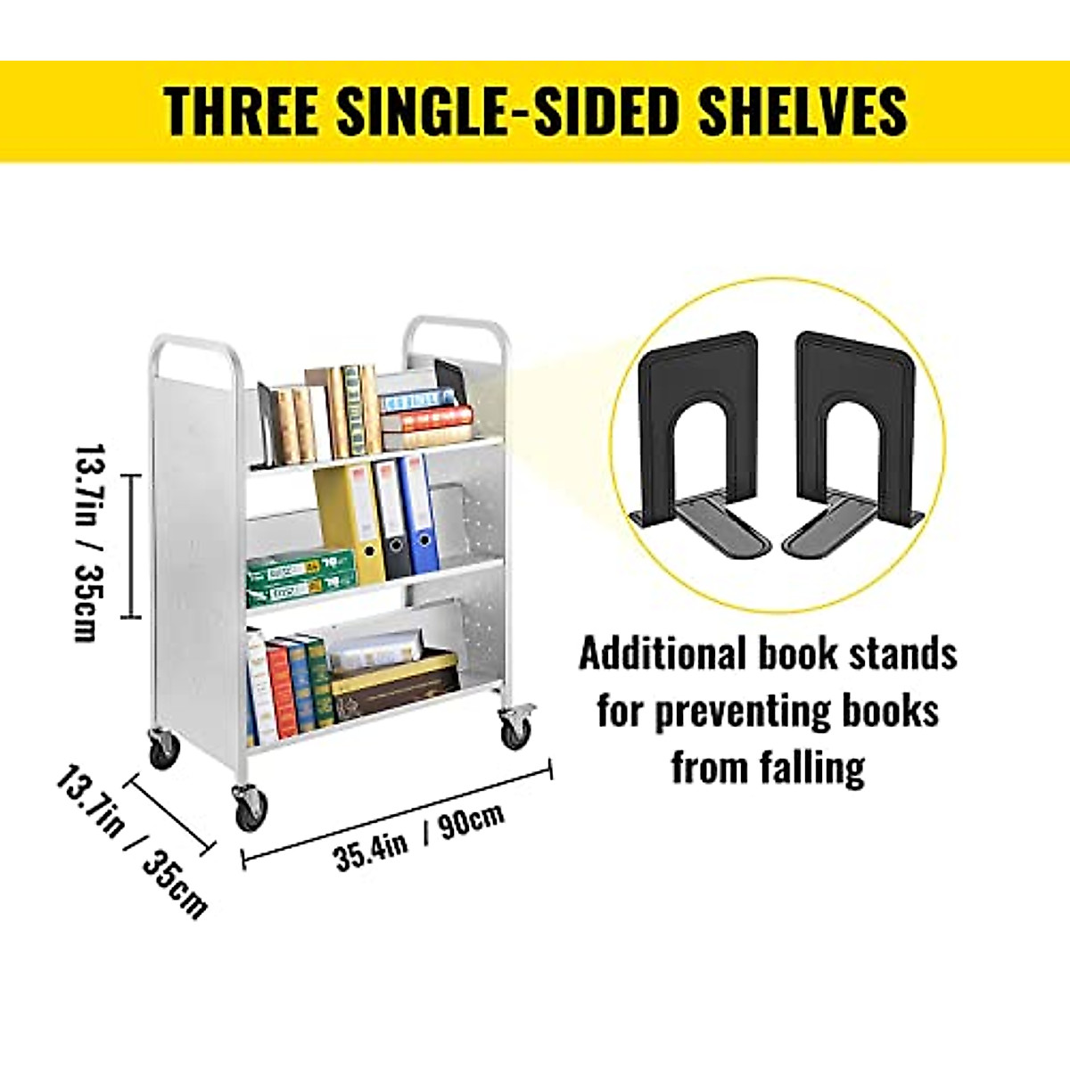 VEVOR Book Cart, 200LBS Library Cart, 49.2''x35.4''x18.9'' Rolling Book Cart, Double Sided W-Shaped Sloped Shelves with Lockable Wheels for Home Shelves Office School Book Truck White