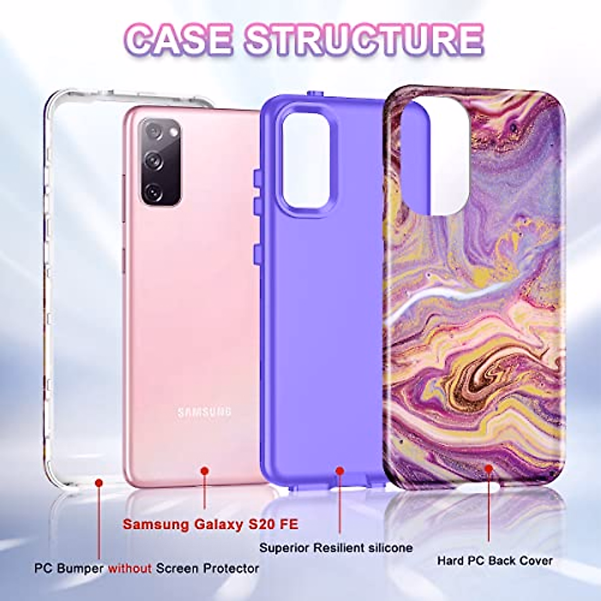 Btscase for Galaxy S20 FE 5G Case, Marble Pattern 3 in 1 Heavy Duty Shockproof Full Body Rugged Hard PC+Soft Silicone Drop Protective Women Girl Covers for Samsung Galaxy S20 FE, Drift Sand/Purple