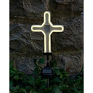 Touch Of ECO Solar Neon Memorial Cross Outdoor Garden Stake Light w/ Personalized Picture Frame - Honor Pets, Humans, Graves Cemetery Decorations Markers, Cool White, (TOE401)