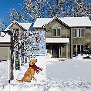 Hello Winter Dog Garden Flag 12x18 Double Sided, Burlap Farmhouse Small Golden Cardinal Retriever Garden Yard Flags for Winter Seasonal Outside Outdoor House Holiday Decor (ONLY FLAG)