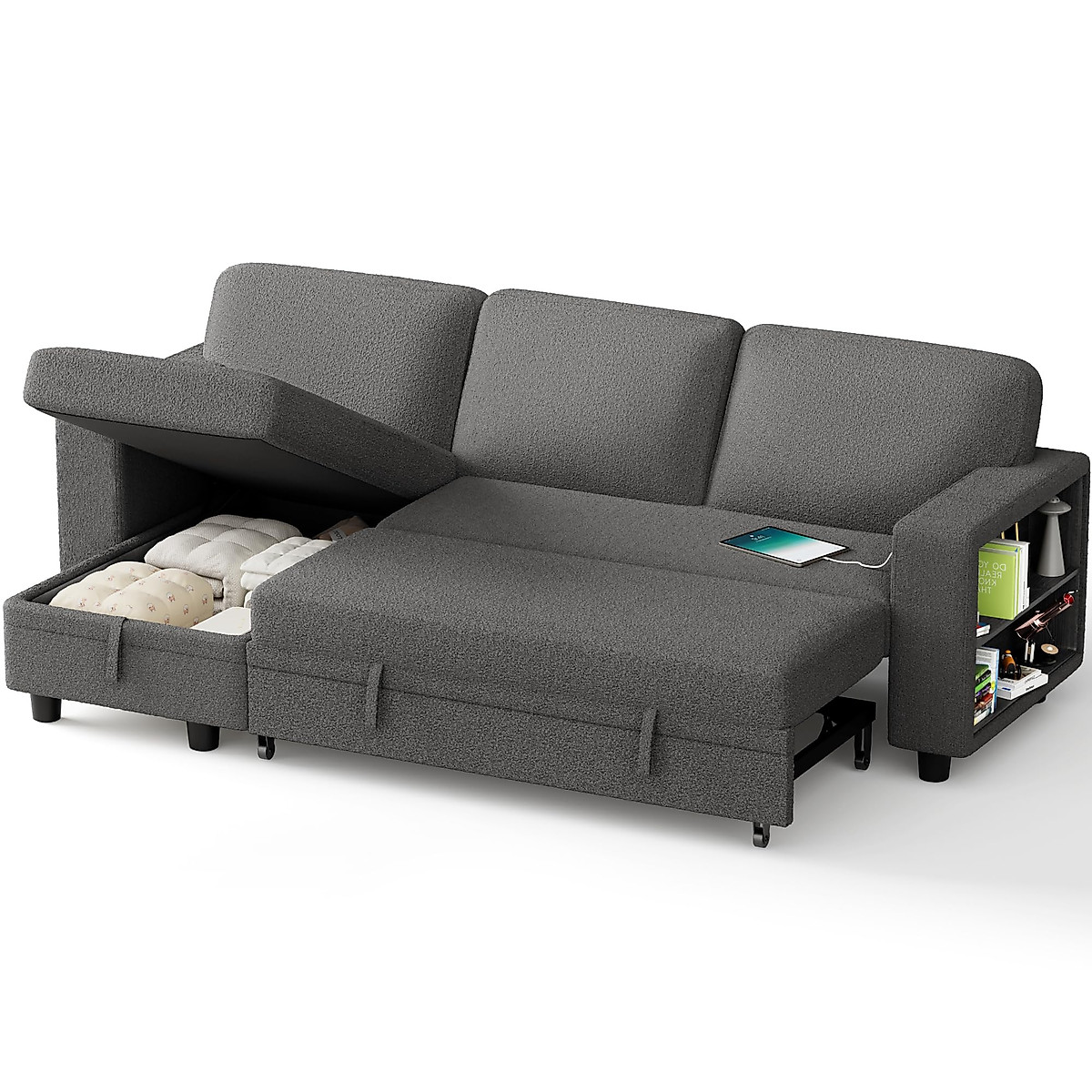 YESHOMY Convertible Sofa Bed with Pull-Out Sleeper, Living Room Couch with Built-in Storage Space, Gray