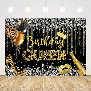 Sendy 7x5ft Birthday Queen Backdrop for Woman Girl Leopard Black and Gold Diamond Crown Balloon Champagne Photography Background Prom Bday Party Decorations Supplies Banner Cake Table Props, One Size