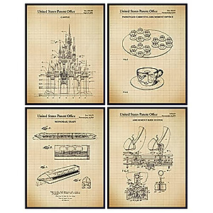 Rides Patent Art Prints - Vintage Wall Art Poster Set - Chic Rustic Home Decor for Boys, Girls, Teens, Kids Room - Gift for Mickey Fans, 8x10 Photos Unframed