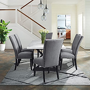 Hanover 7-Piece Linen Side Top and Wood Capri Modern w/White Marble Tabletop, Black Trestle Style Base, and 6 Comfortable Upholstered Foam Room Chairs, Farmhouse Dining Table Set, Natural, Gray