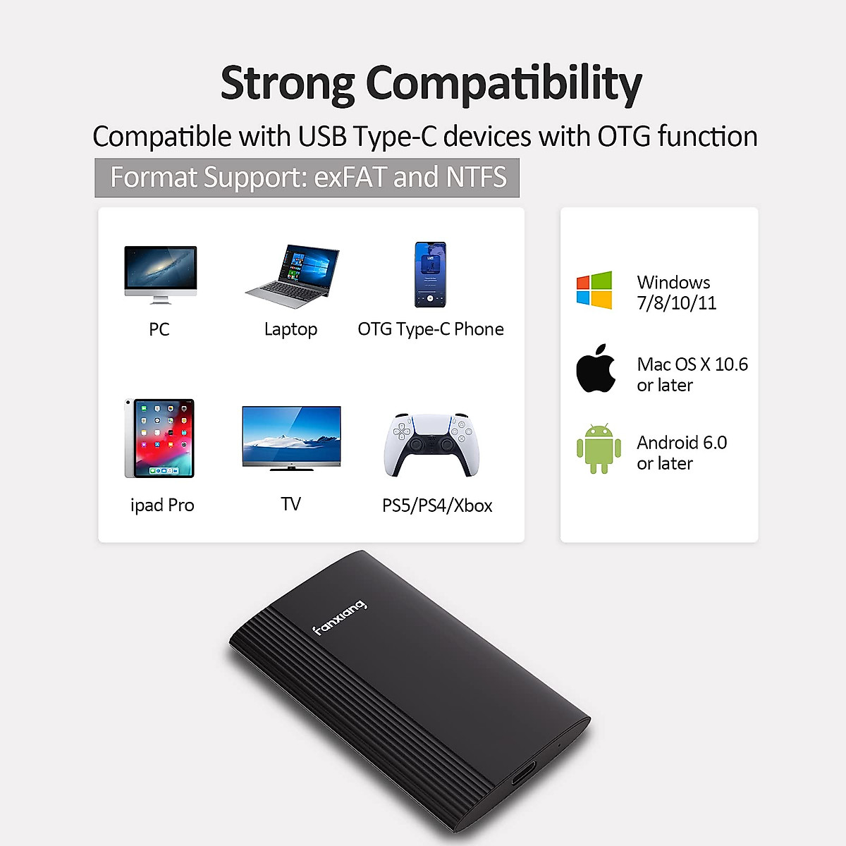 fanxiang P105 External Solid State Drive USB 3.2 Gen2, 1TB SSD External Hard Drive with C to A and C to C Cables, Portable SSD Compatible with PC/Mac/Android/Game Consoles(Black)