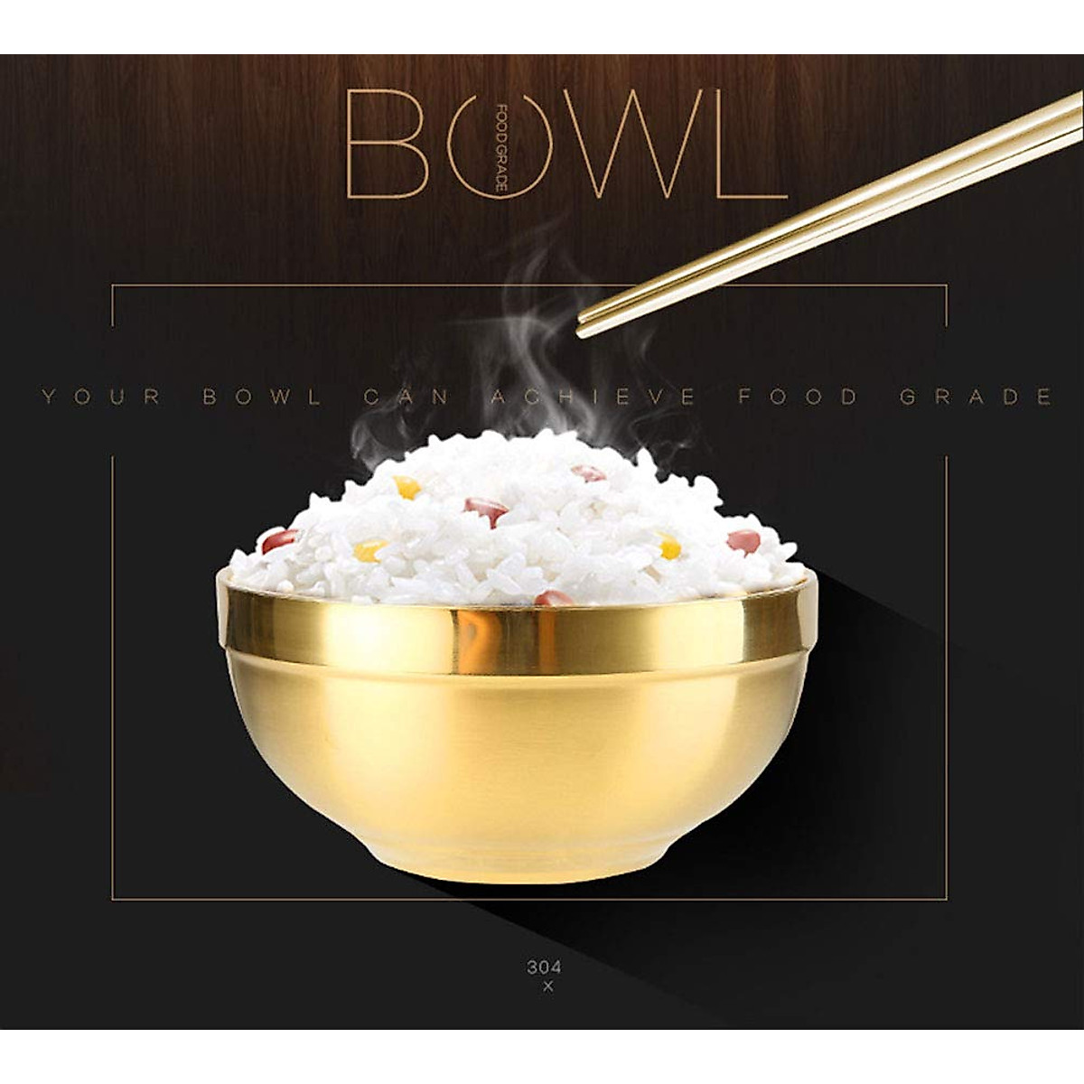 Unbreakable Thick Anti-scald Rice Bowl Double-deck 304 Stainless Steel Food Bowls for Soup, Popcorn, Fruit, Salad, Noodle, etc (Gold, Big)