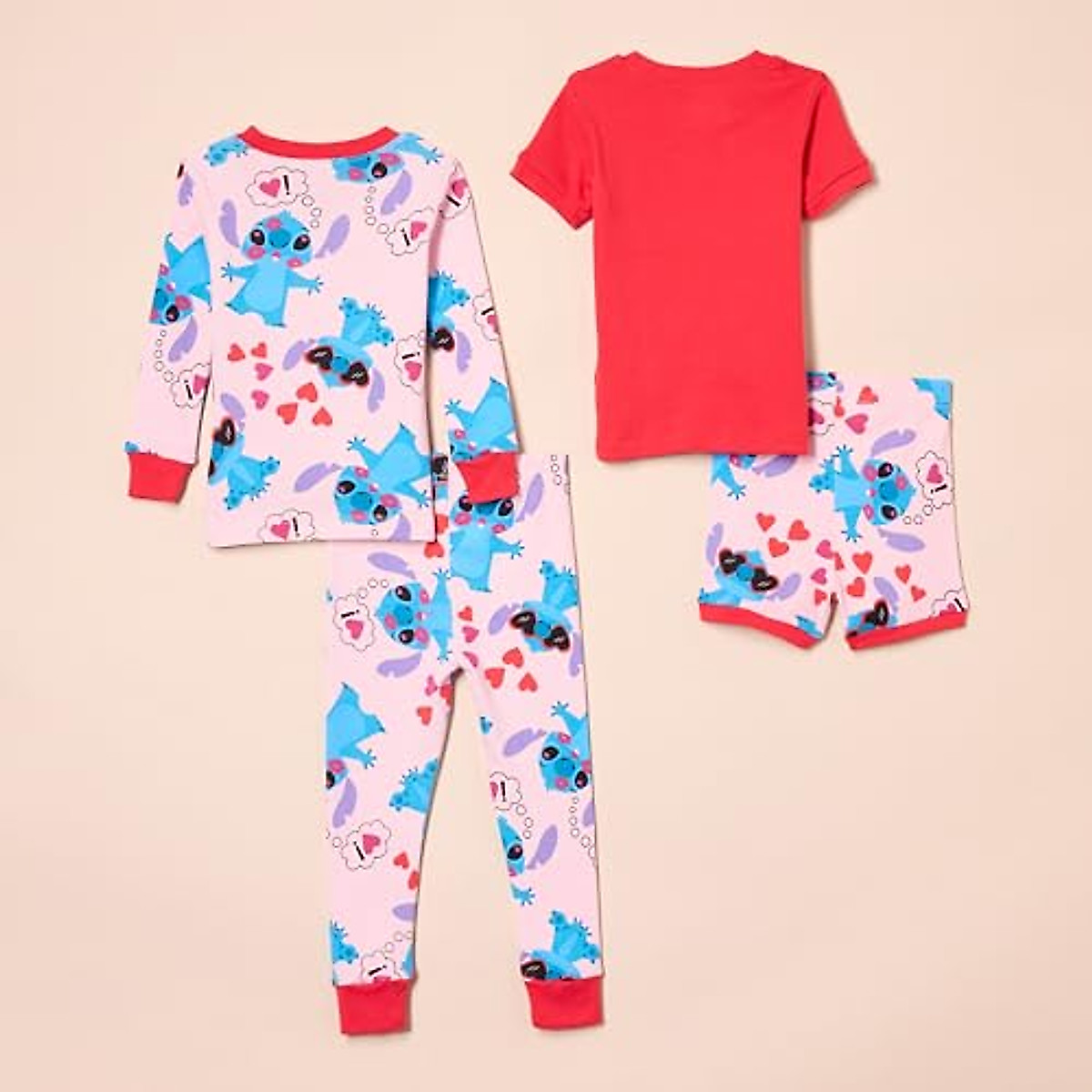 Amazon Essentials Disney | Marvel | Star Wars Girls' Pajama Set, 4-piece (Previously Spotted Zebra), Stitch Hugs, 8