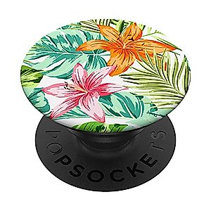 Tropical pink orange wildflower flowers green palm leaves PopSockets Swappable PopGrip