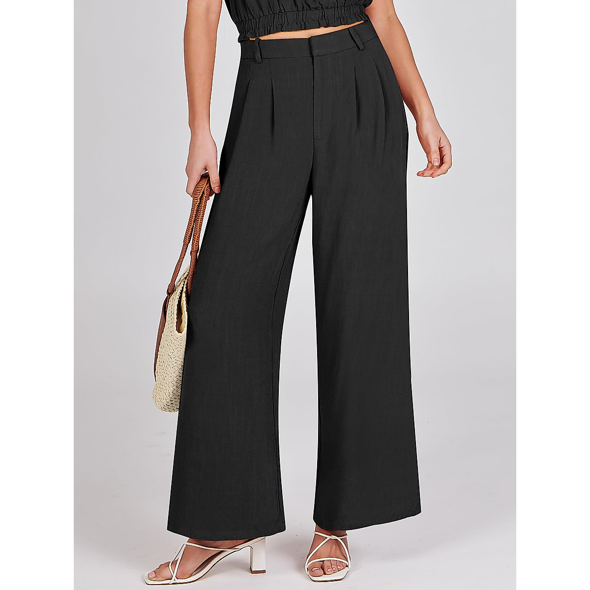 Caracilia Womens Summer Linen Palazzo Pants Wide Leg High Waist Business Casual Work Lightweight Trousers Loose Pleated Elastic Waist Dressy Pants 2024 Black Fashion Outfits with Pocket C118A3-heise-L