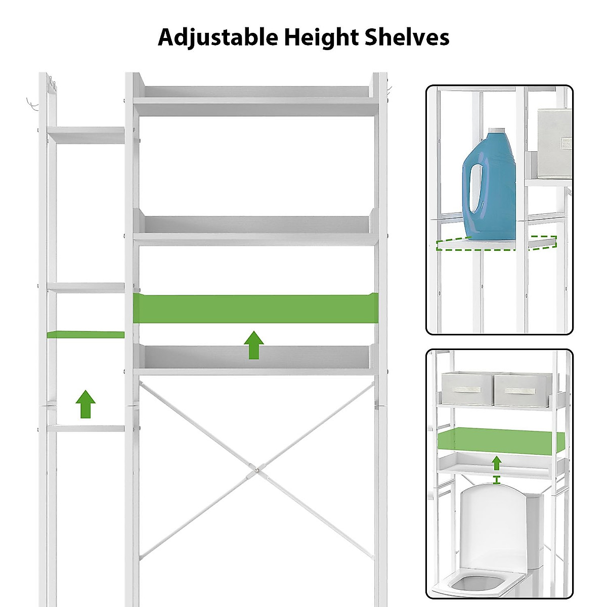 LWADALN Over The Toilet Storage Shelf, 7-Tier Bathroom Organizer Shelf, Freestanding Space Saver Storage Shelf with Two Fabric Drawers & Adjustable Feet, Toilet Rack for Bathroom, Restroom, Laundry
