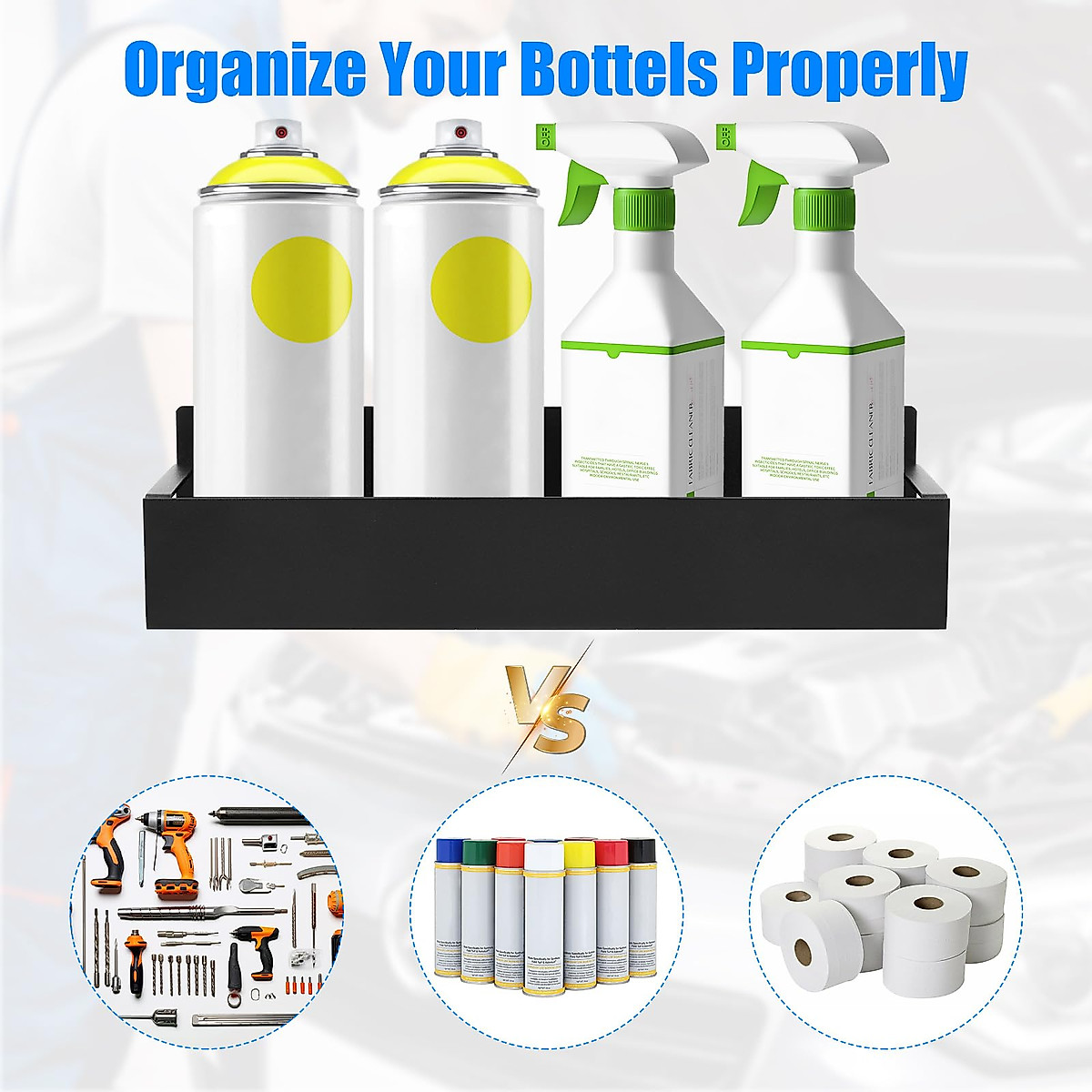 EVELOMO 4 Pcs Magnetic Aerosol Spray Can Holder with Paper Towel Holder, Magnet Toolbox Bottle Holder, Wall Mounted Spray Bottle Rack for Garage Home Workspace