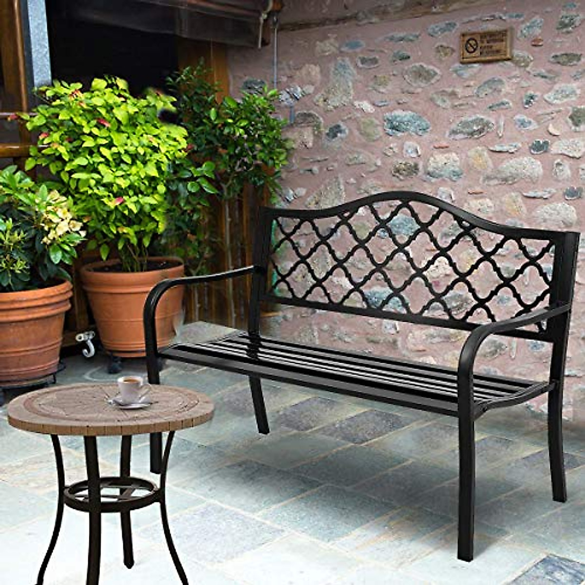 Giantex 50" Patio Garden Bench Loveseats Park Yard Furniture Decor Cast Iron Frame Black (Black Style 1)