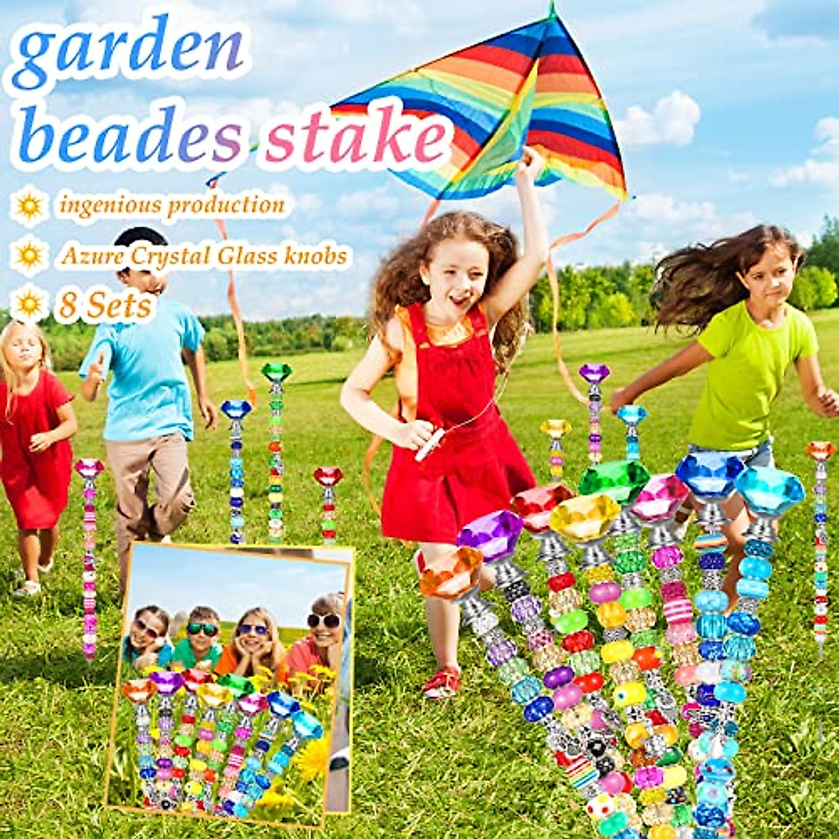 Beaded Garden Decor Includes 8 Pcs Beaded Stakes with Stopper Top Round Glass Bead Antique Silver Bail Bead with Pendant Silver Bead for Outdoor Decoration (Diamond Style)