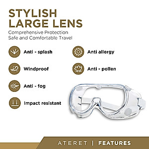 ATERET 1 Pack Safety Goggles, Lightweight Adjustable Clear Lens Eyewear, Chemical Splash Safety Glasses