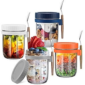 4 Set Overnight Oats Containers with Lid and Spoon Overnight Oats Jars 12oz Glass Airtight with Measurement for Cereal Yogurt Milk (Gray, Blue, White, Orange)