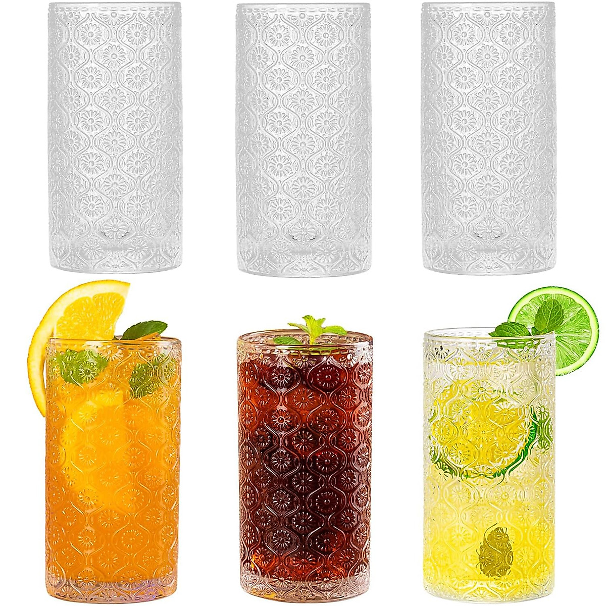 Vintage Glassware Highball Drinking Glasses - 13 Oz Cocktail Glasses Set of 6 Floral Glass Cups Embossed Cocktail Juice Water Coffee Cups - Lead-Free & Dishwasher Safe - Ideal Gifts