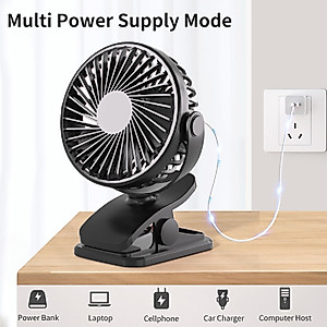 Portable Clip on Fan, 360° Rotate Battery Operated Stroller Fan, 3 Speed Quiet Mini Personal Desk Fan, USB Rechargeable Clooing Fan for Outdoor Camping Golf Cart Stroller Home Office Black