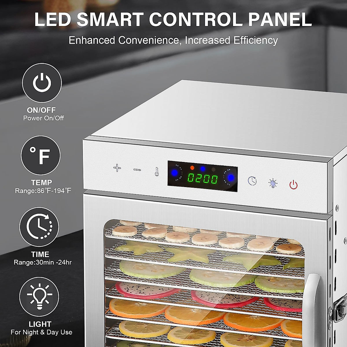 HOPERAN Food Dehydrator, 8 Stainless Steel Trays Dehydrators for Food and Jerky, Herbs, Fruit, Dehydrator Machine with Digital Timer and Temperature Control, Overheat Protection, Recipe Book Included