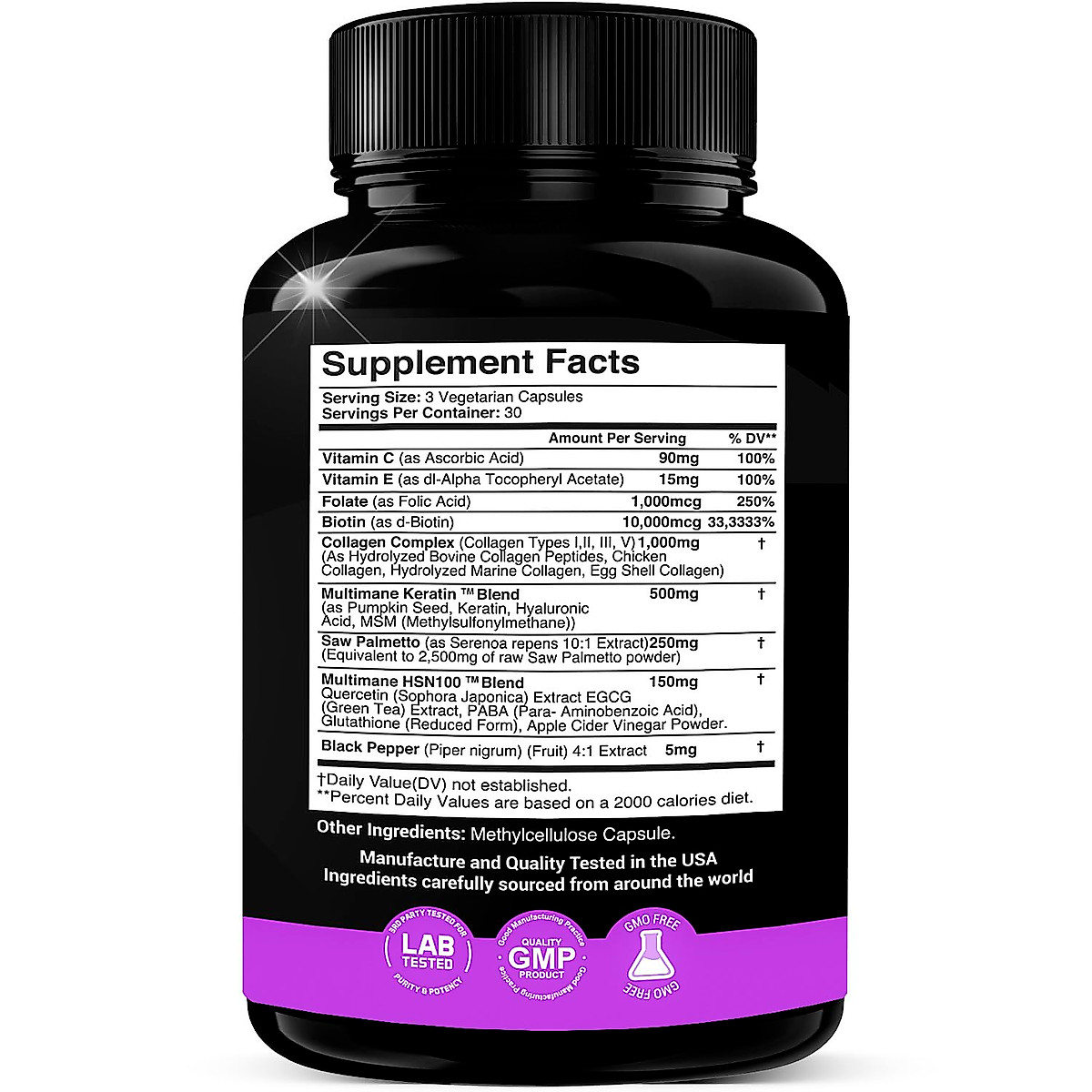 HSN100 - Collagen, Saw Palmetto, Biotin, Keratin & Hyaluronic Acid - 16-in-1 Beauty Supplement with Vitamin C & E, Collagen Complex & Keratin Blend - Hair, Skin & Nail Growth - 90 Capsules