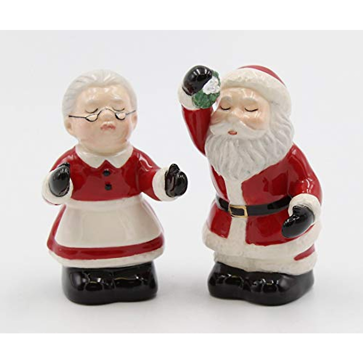 Fine Ceramic Kissing Santa & Mrs. Claus Under the Mistle Salt & Pepper Shakers Set, 3-3/8"