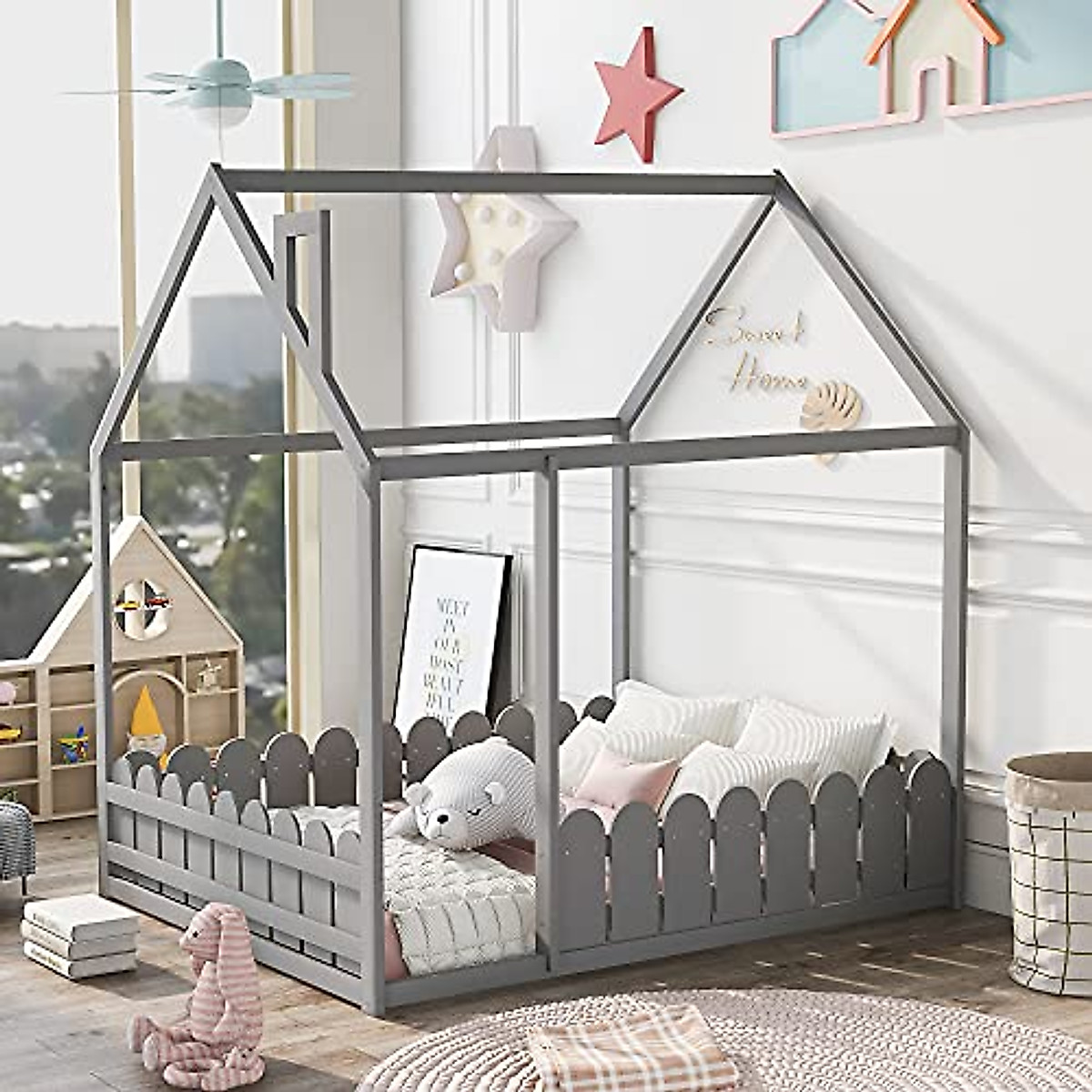 Merax Kids Bed House Shaped, Low Beds for Toddlers, Wood Platform Bed Frame for Children, Box Spring Needed,Easy Assemble (Full,Gray