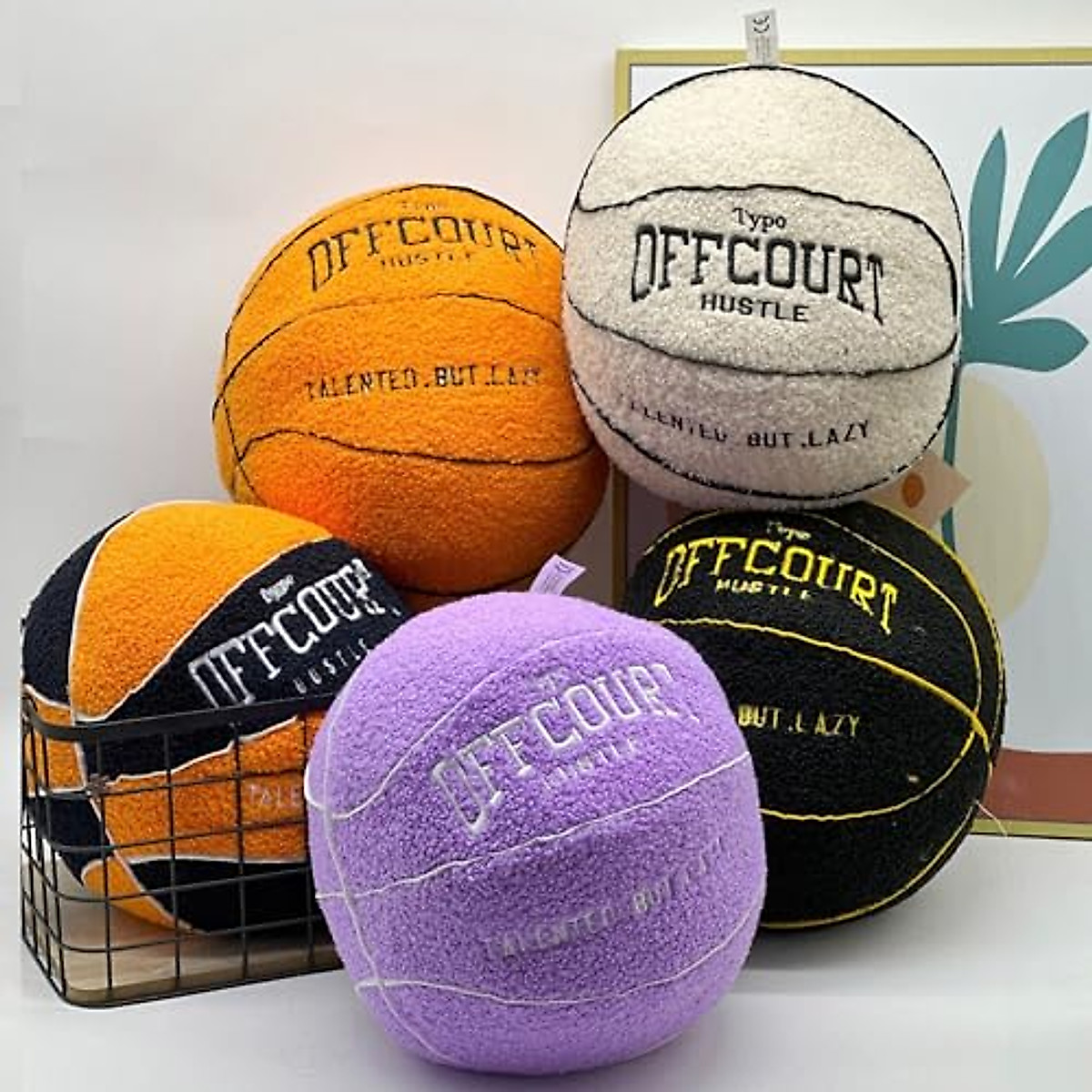 Tezimjia 2023 New Offcourt Basketball Pillow,11" Basketball Shaped Pillow Teddy Fleece Embroidered Basketball Throw Pillow Fuzzy Plush Toy Gifts for Kids Boys Girls (Beige)