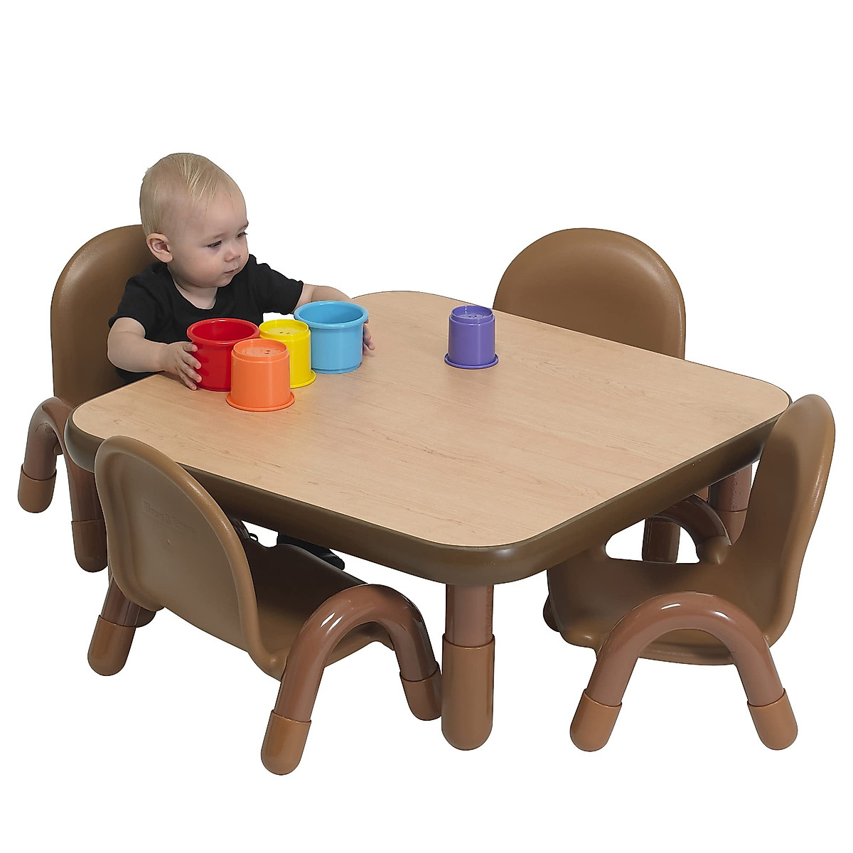 Angeles Baseline Toddler Square Table and Chairs Set, Natural Wood – Includes One 30”, 12” High Square Table and Four 5” High Chairs – Durable, Lightweight, Easy to Move