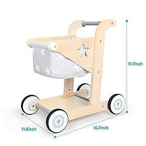Asweets 2 in 1 Wooden Baby Walker Push and Pull Doll Stroller,Shopping Cart Learning Walker for Boys and Girls Sit Stand Learning Walker Toddler Toy